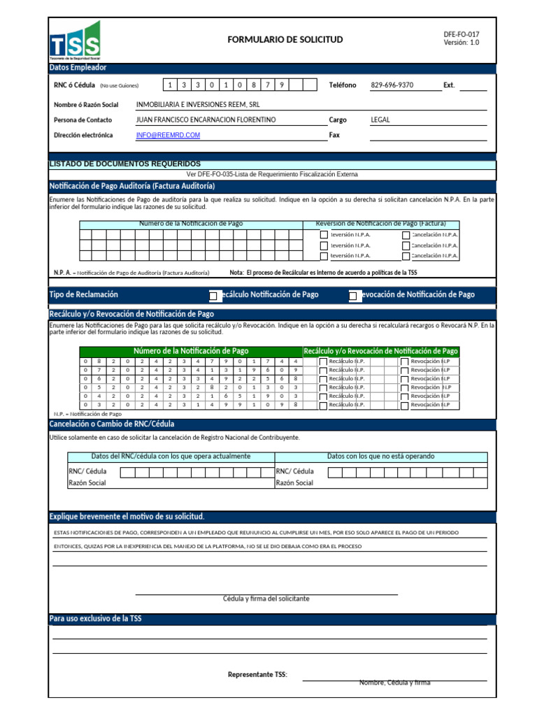 DFE-FO-017 Formulario de Solicitud | PDF