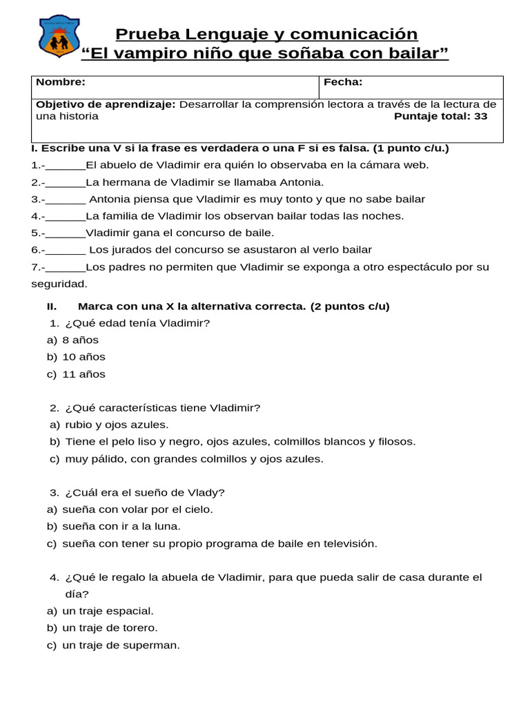 Evaluación El Vampiro Niño Que Soñaba Con Bailar. | PDF