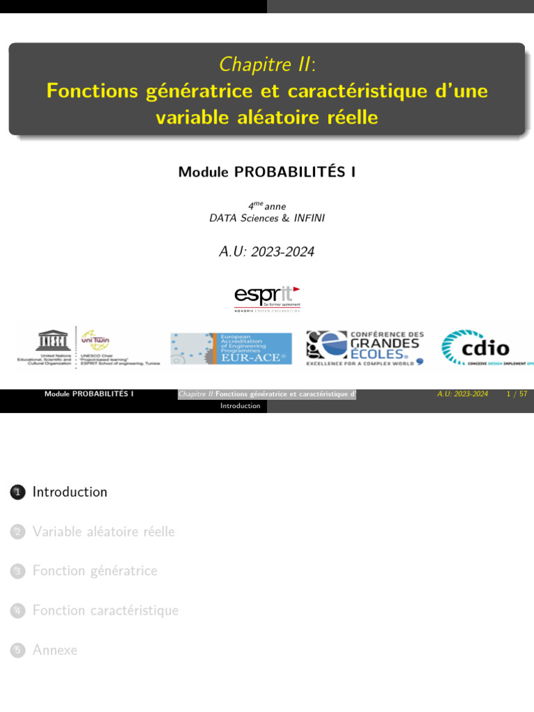 Chapitre II - Fonctions Génératrice Et Caractéristique D'une Variable Aléatoire Réelle | PDF