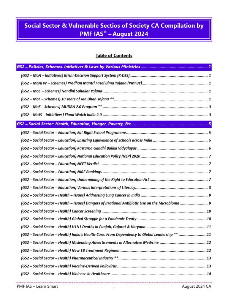 PMFIAS CA Social Sector Vulnerable Sections Monthly 2024 08 | PDF ...
