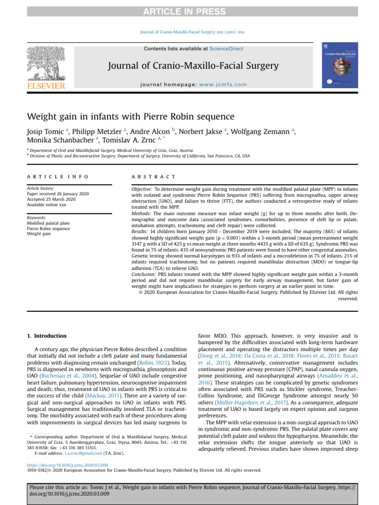 Weight Gain in Pierre Robin Infants | PDF | Pediatrics | Medicine