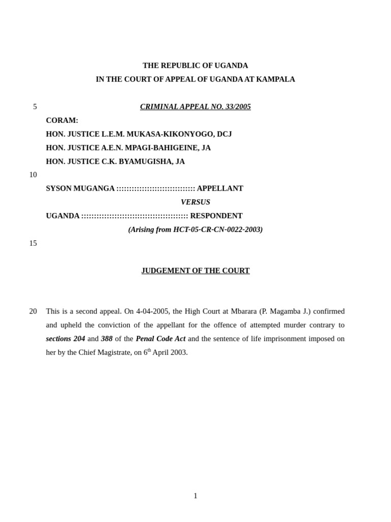 Syson Muganga V Uganda (Criminal Appeal No 332005) 2008 UGCA 18 (22 ...