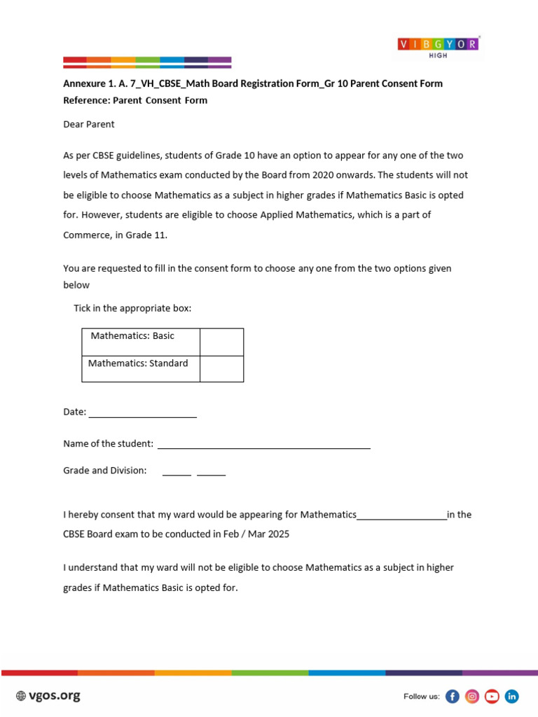 Annexure 1. A. 7 - VH - Cbse - Math Board Registration Form - GR 10 Parent Consent Form | PDF