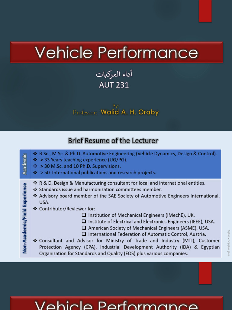 LEC#1 Vehicle Performance (AUT 231) | PDF