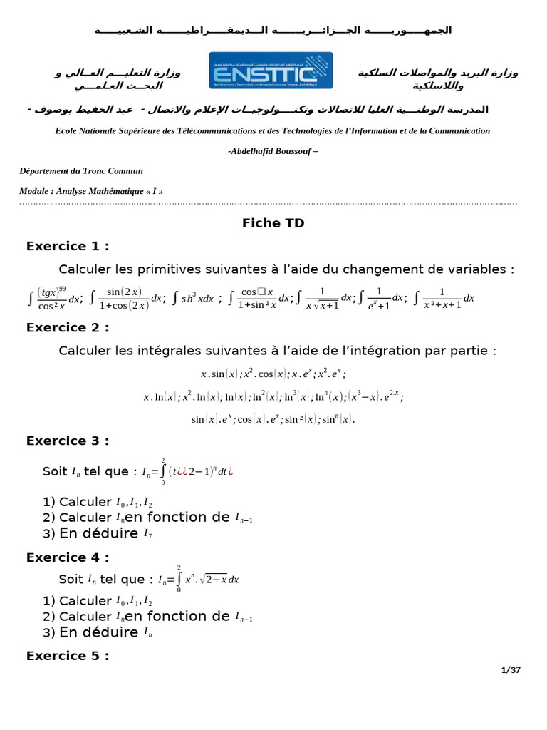 Fiche TD Integrales Solution | PDF