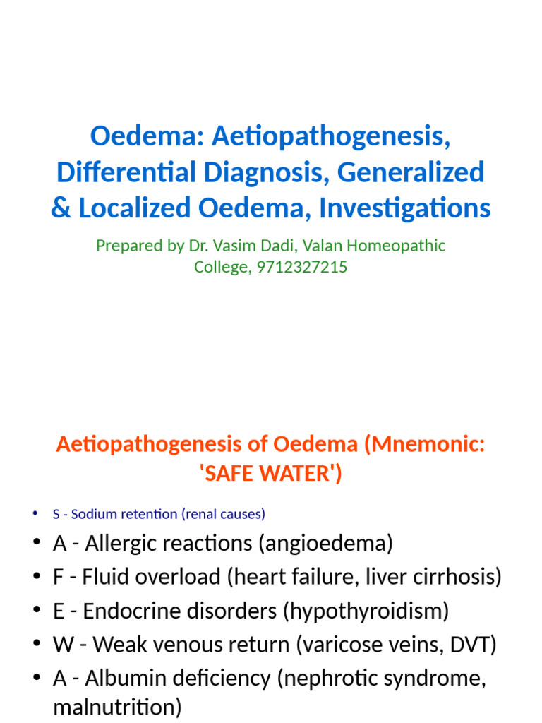 Oedema Mnemonics DR Vasim Dadi | PDF