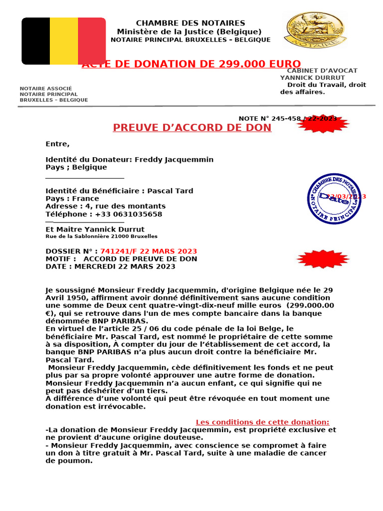 Preuve D'accord de Don de Monsieur Pascal | PDF