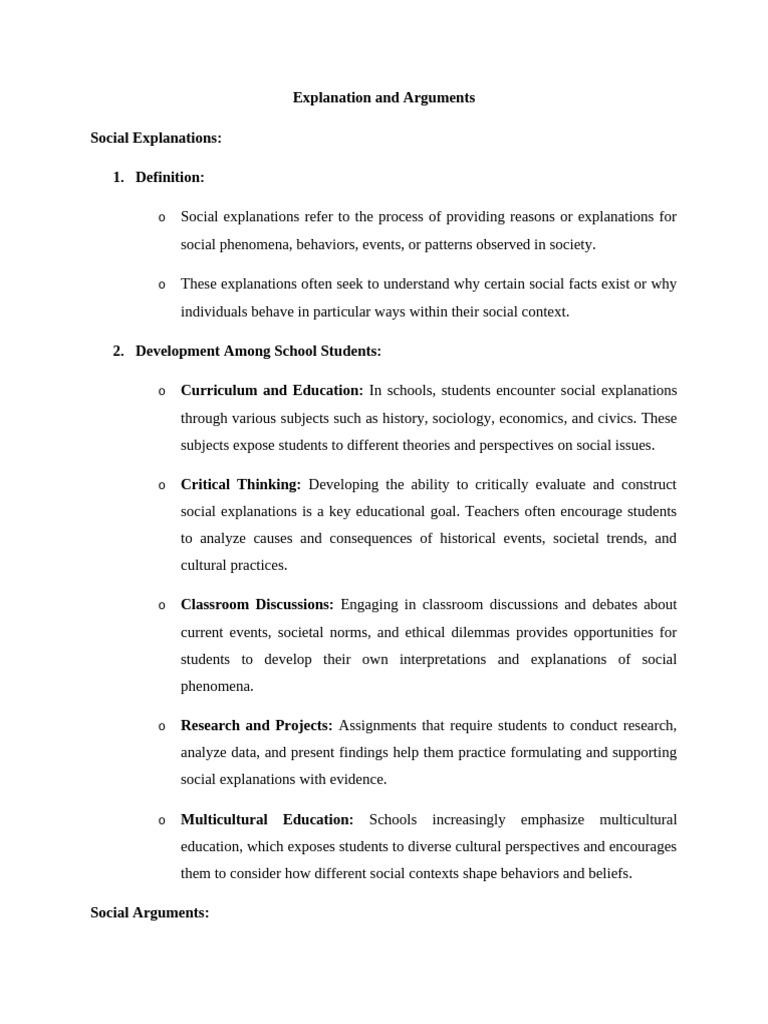 Explanation and Arguments Social Explanations: 1. Definition | PDF