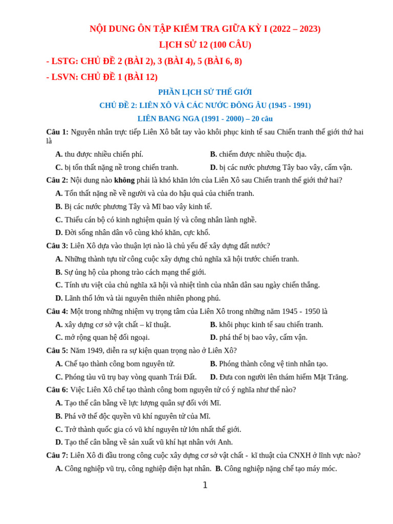 LS12 - HS - ND ÔN TẬP CHÍNH THỨC KIỂM TRA GIỮA KỲ I (2022 - 2023) | PDF | Vietnamese People ...