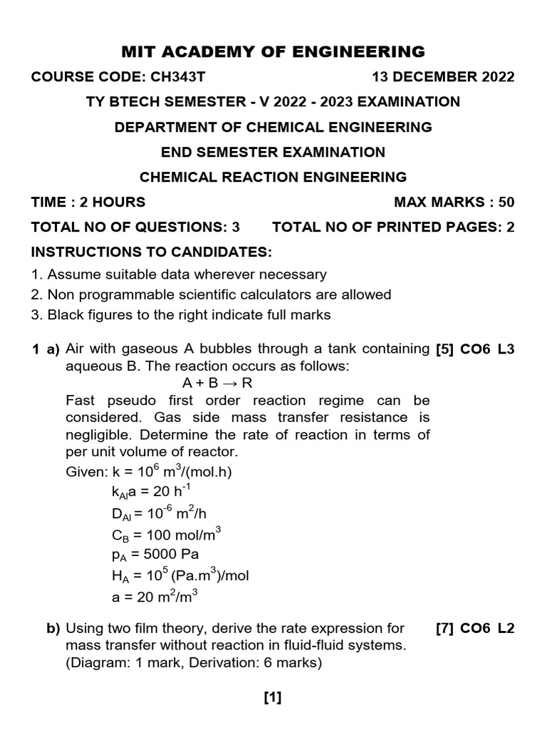 Ty Btech Ch Chemical Reaction Engineering Sem V Dec 2022 Pdf Chemical Reactor Catalysis 