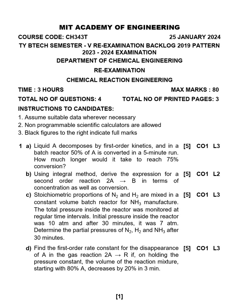 TY Btech CH Chemical Reaction Engineering SEM-V JAN 2024 | PDF | Chemical Reactor | Chemical ...
