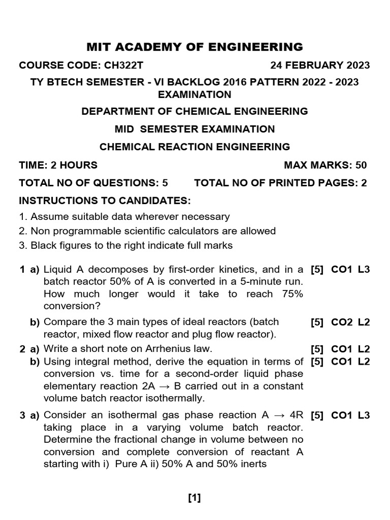 TY-Btech CH Chemical Reaction Engineering SEM - VI FEB 2023 | PDF ...