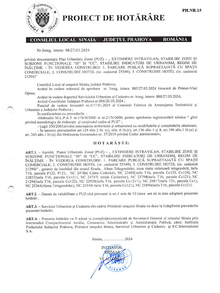 Proiect Hotarare: Consiliullocal Sinaia | PDF
