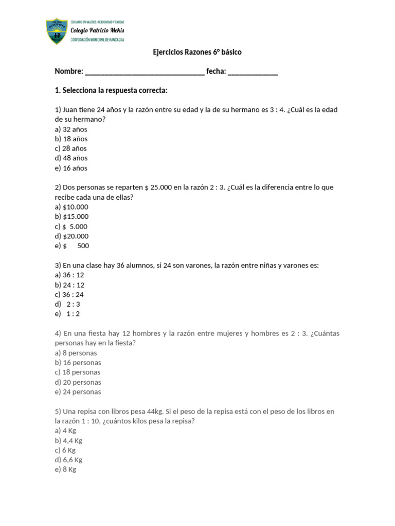 Ejercicios de Razones 6° Básico | PDF