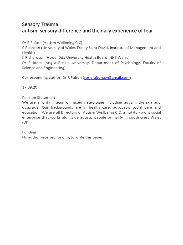 Sensory Trauma: Autism, Sensory Difference and The Daily Experience of ...