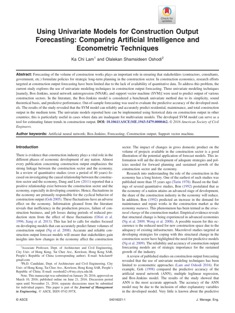Using Univariate Models For Construction Output Forecasting: Comparing Artificial Intelligence ...