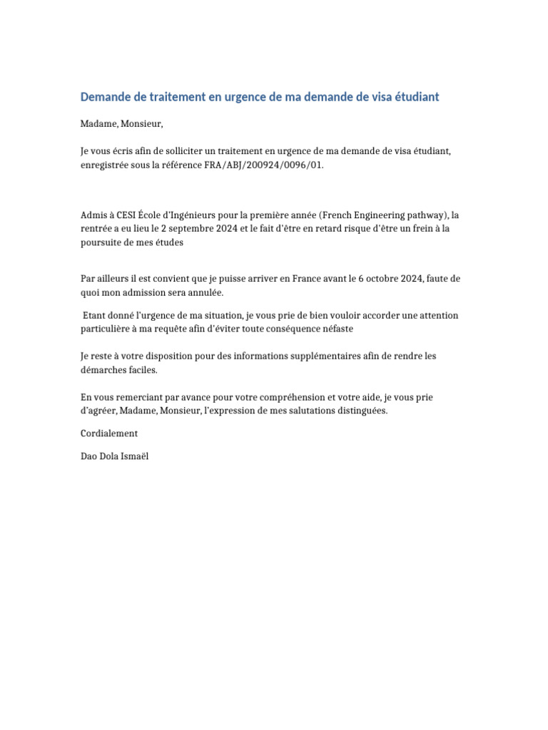 Demande Traitement Urgence Visa | PDF