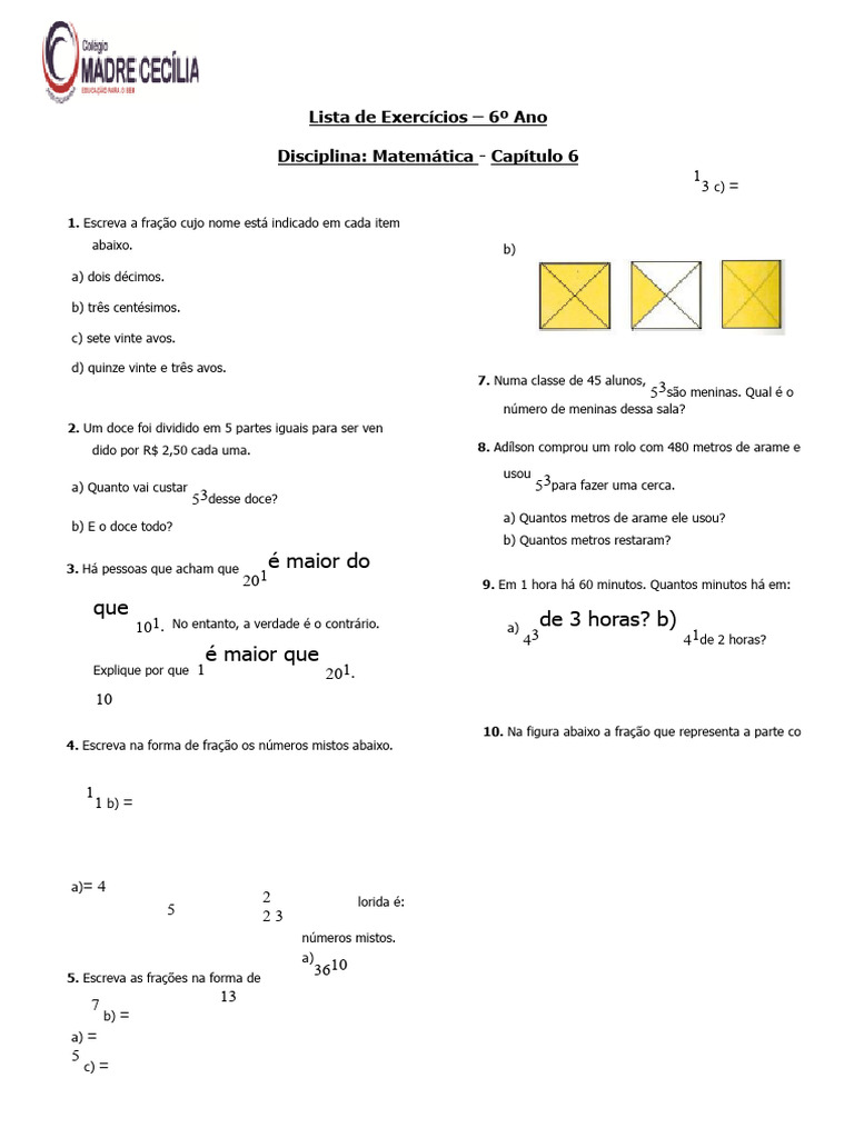 Lista de Exercícios - 6º Ano - Cap 6 | PDF