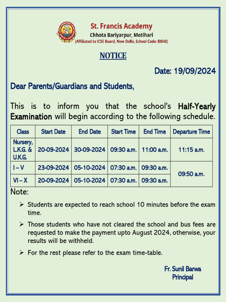 Half-Yearly Exam Notice to Parents | PDF