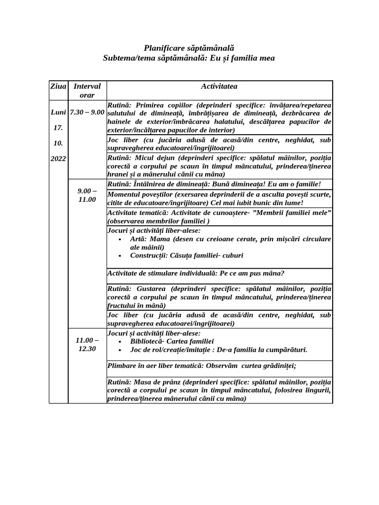Model - Planificare de o Zi - Eu Si Familia Mea Paula | PDF