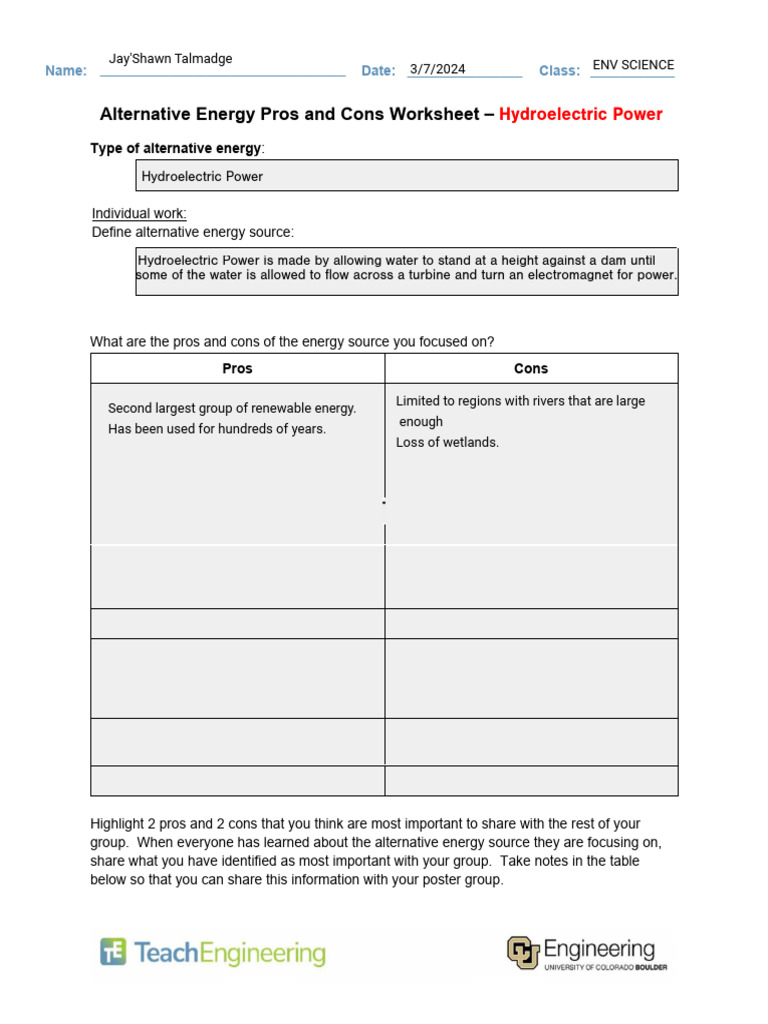 Jay'Shawn Talmadge - Hydroelectric Power Pros and Cons Worksheet | PDF