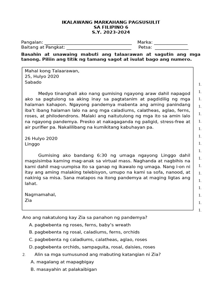 1 - Ikalawang Markahang Pagsusulit Sa Filipino 6 | PDF