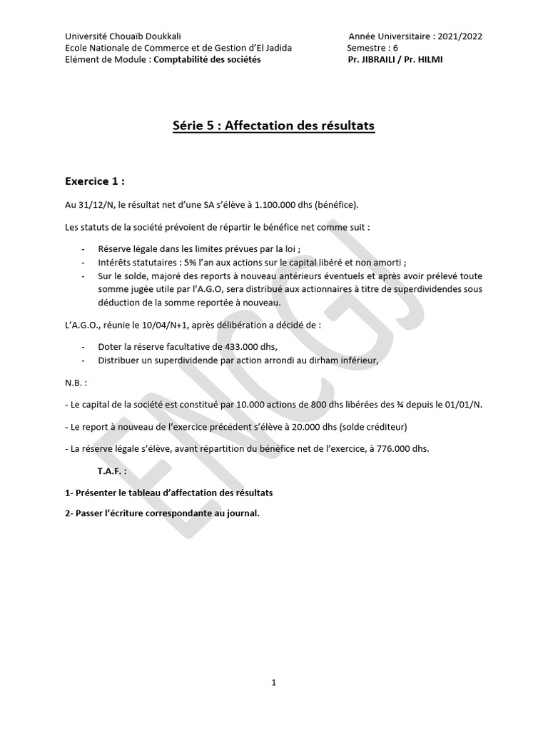 Série 4 Affectation Des Résultats | PDF