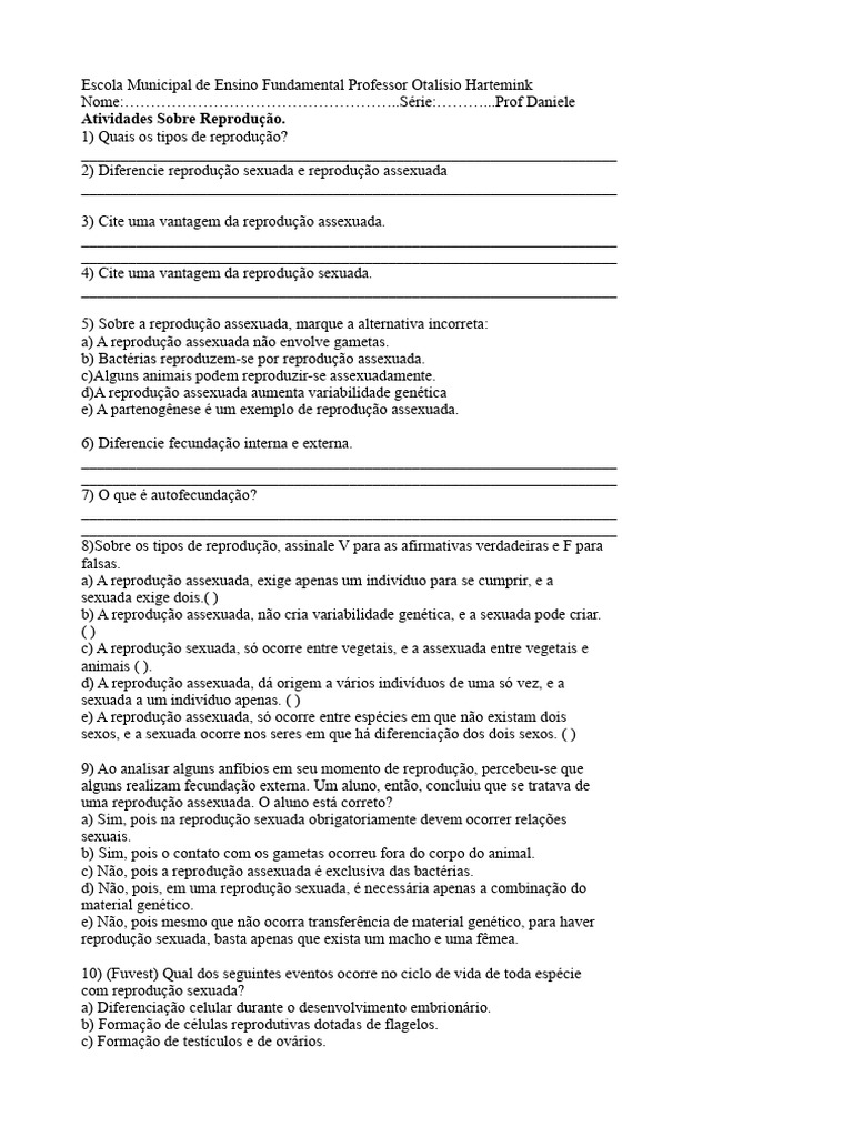 Atividades Oitava Serie Reprodução Puberdade Ists Metodos | PDF