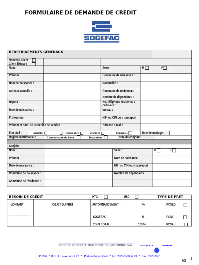 Formulaire Demande Credit Particuliers Sogefac | PDF