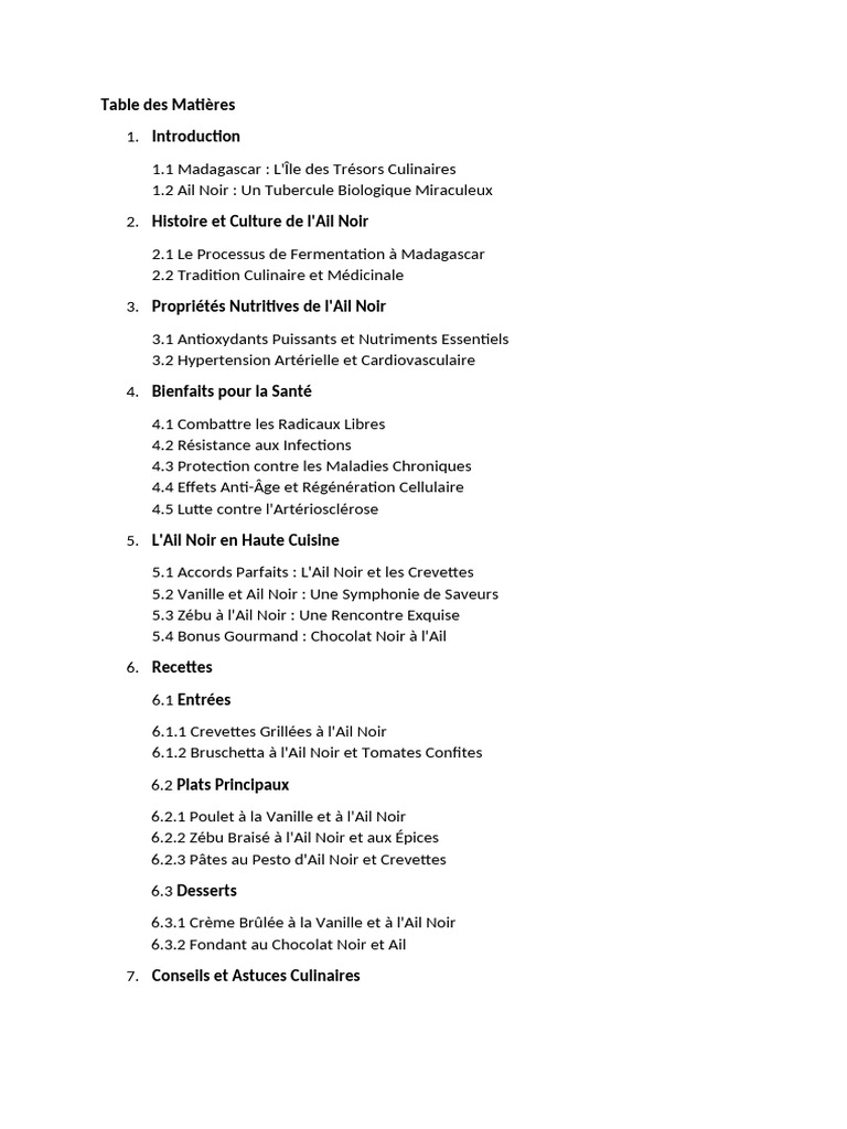 AIL NOIR BIOLOGIQUE DE MADAGASCAR - Table Des Matières | PDF