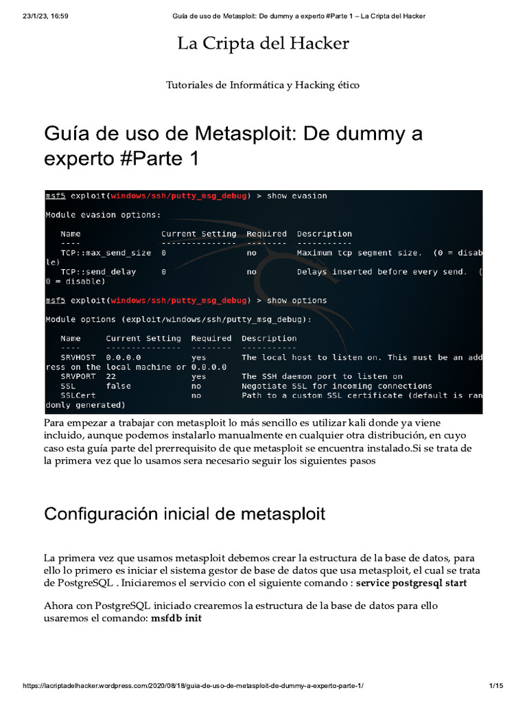 1.-Guía de Uso de Metasploit - de Dummy A Experto #Parte 1 - La Cripta Del Hacker | PDF
