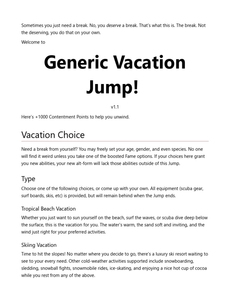 Generic Vacation JumpChain | PDF