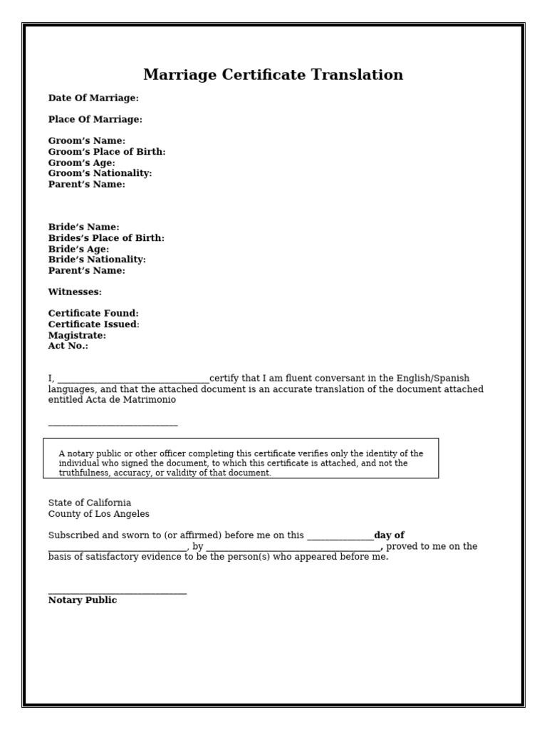 Marriage Certificate Translation To English | PDF