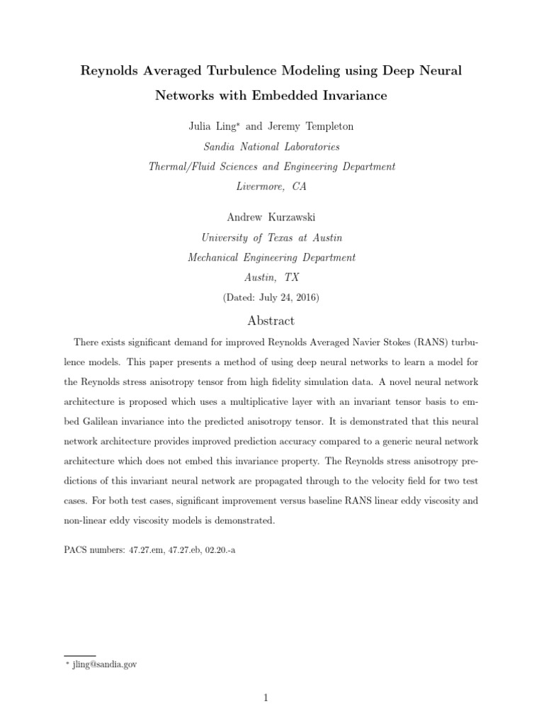 Reynolds Averaged Turbulence Modeling Using Deep Neural Networks With Embedded Invariance | PDF