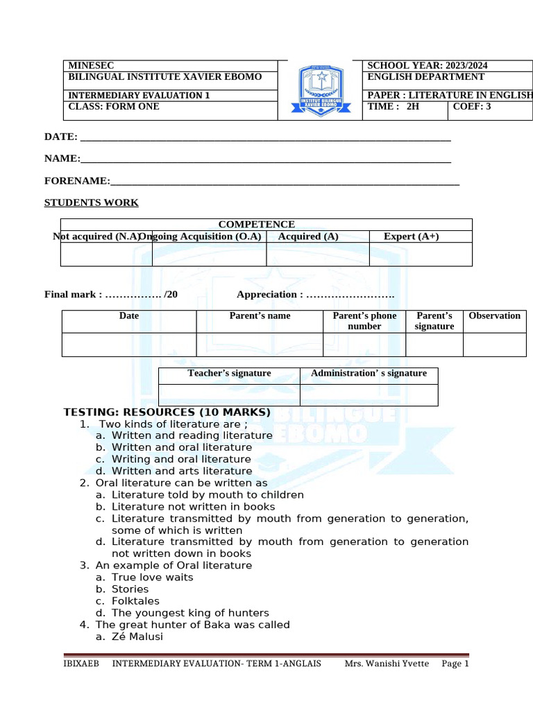Literature in English Form 1 | PDF