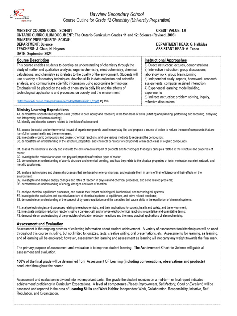 00-SCH4U Course Outline (Sept 2024) | PDF