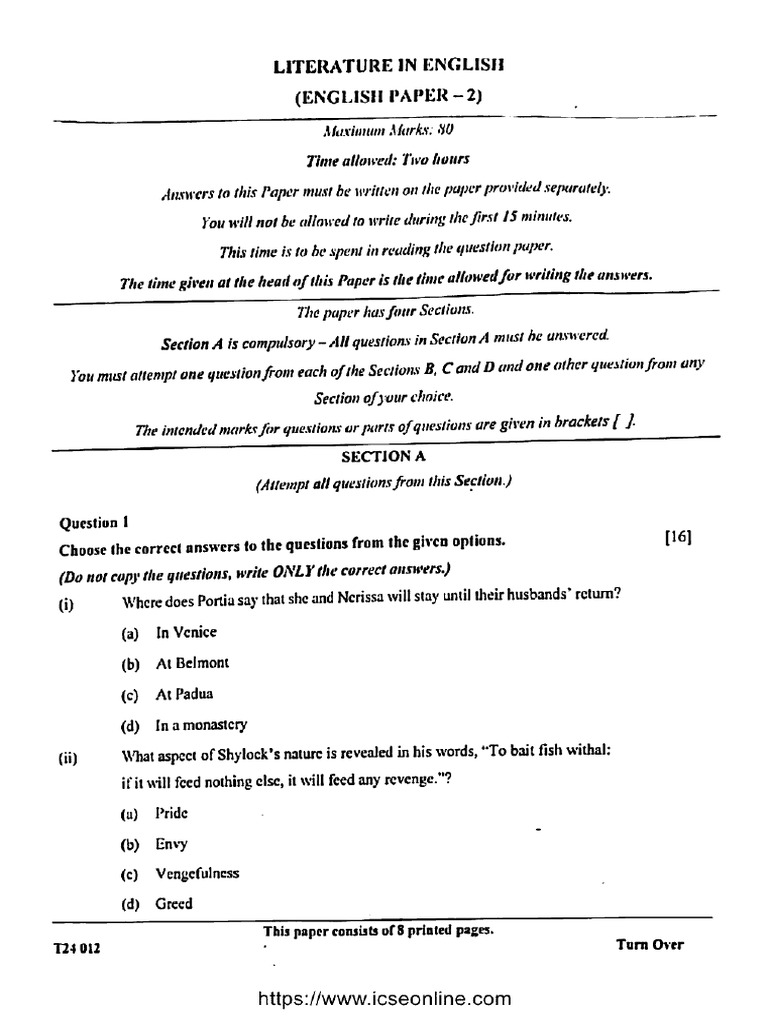 Icse Class 10 English Literature Paper 2 t24 012 2024 | PDF