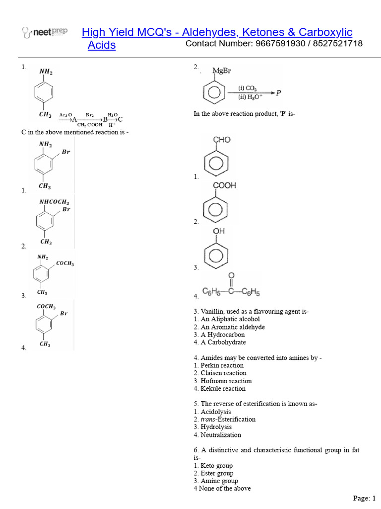 Aldehydes, Ketones & Carboxylic Acids High Yield MCQs For NEET 2022 | PDF | Aldehyde ...