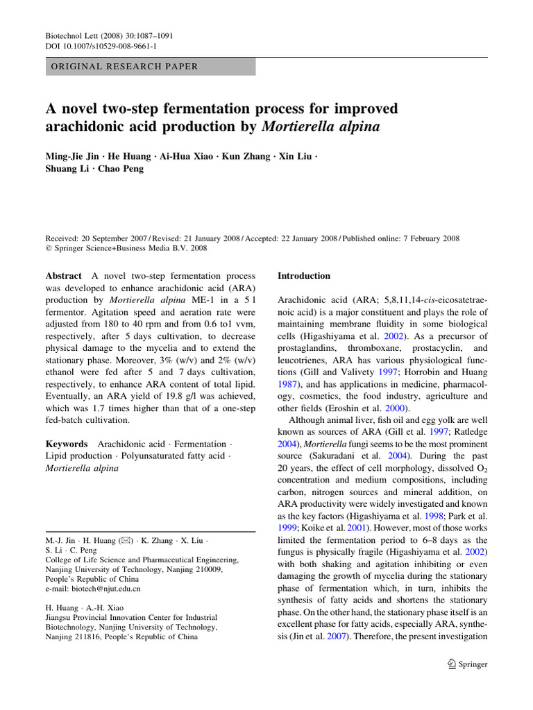 A Novel Two-Step Fermentation Process For Improved Arachidonic Acid ...