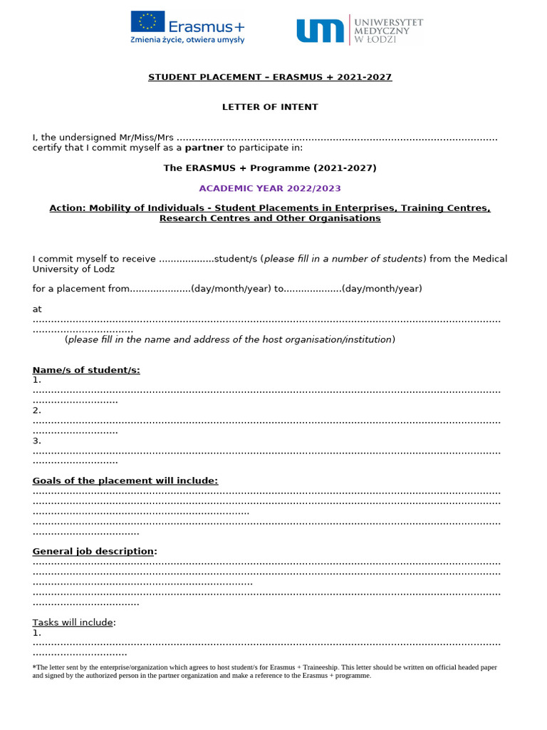 Letter-of-Intent-Erasmus-2022 - 2023 Łódź UMED | PDF