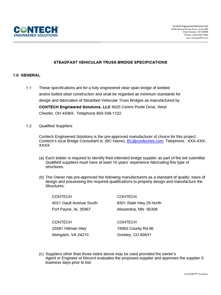 Steadfast Vehicular Truss Bridge Specifications | PDF