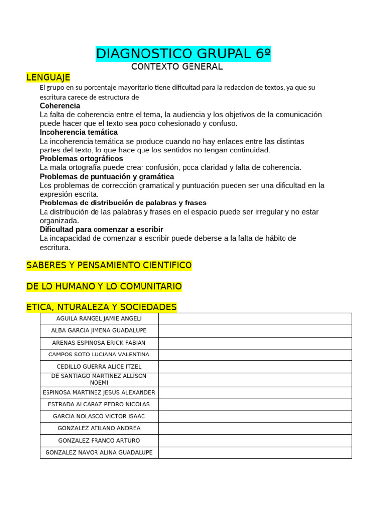 Diagnostico Grupal 6º | PDF