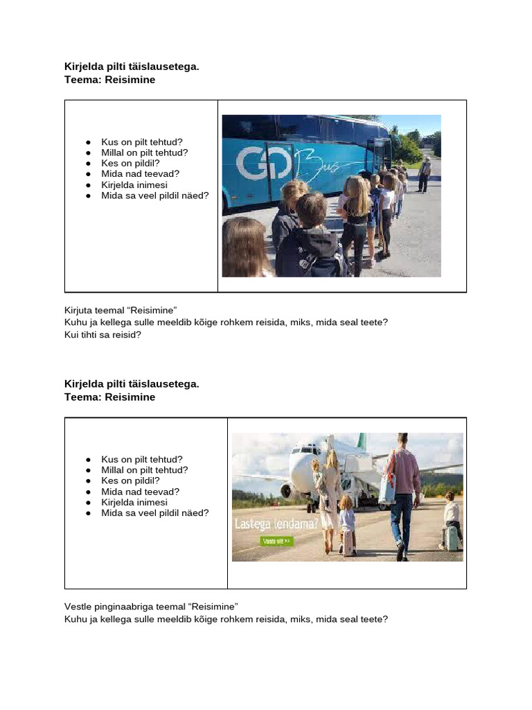 Kirjelda Pilti Täislausetega. Teema: Reisimine | PDF