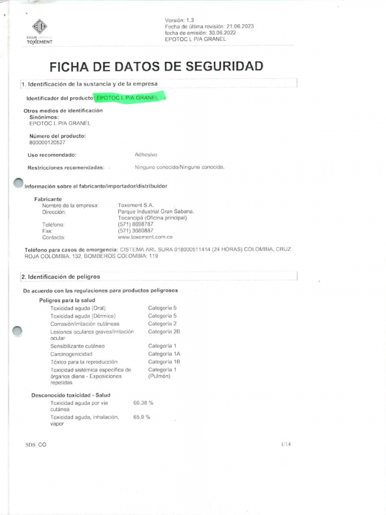 Hoja Datos Seguridad Epotoc L Granel0043 | PDF