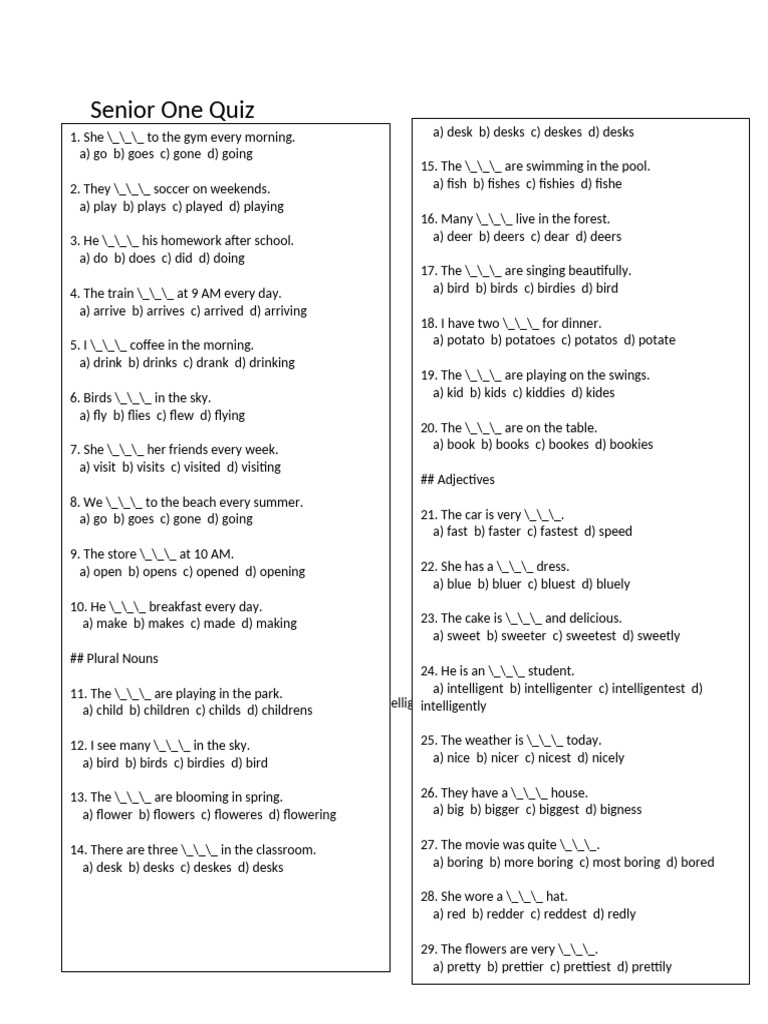 Senior One Quiz | PDF