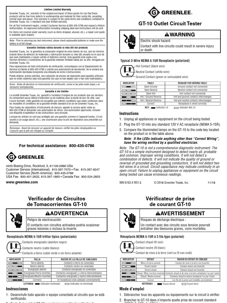 GT-10 Outlet Circuit Tester Manual | PDF