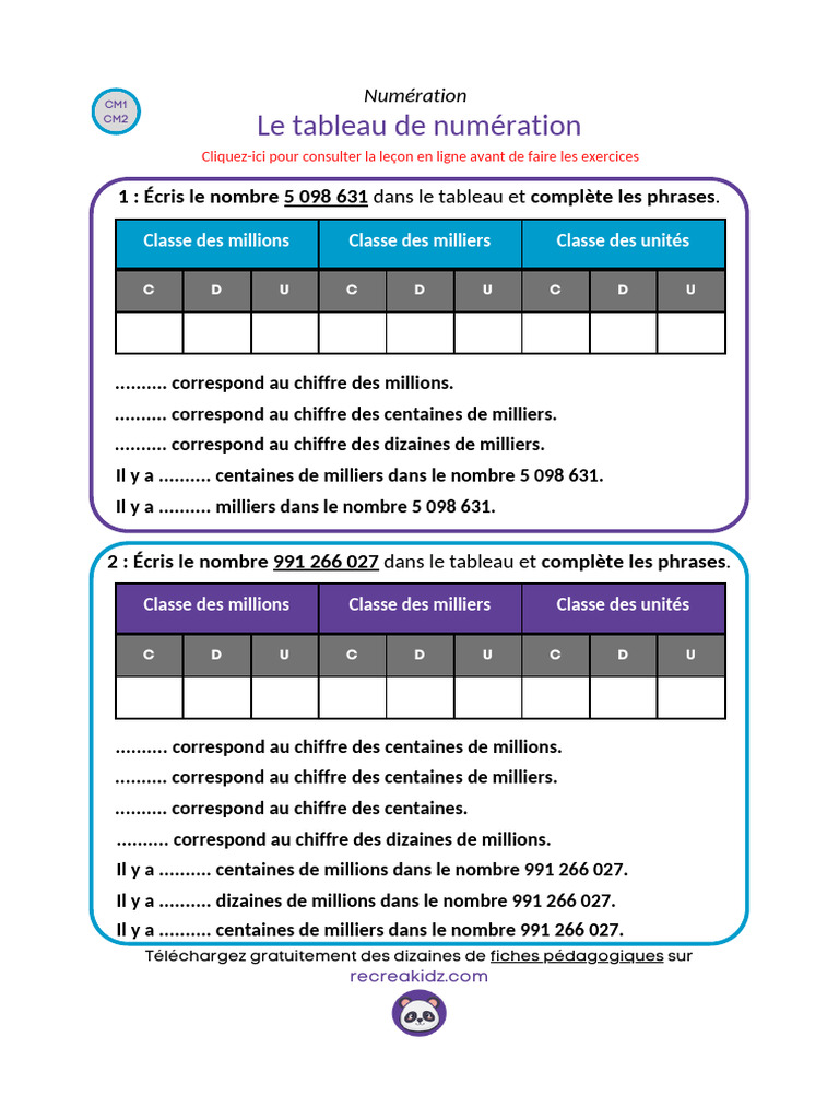 Exercices Tableau de Numeration Nombres Entiers Cm1 Cm2 | PDF