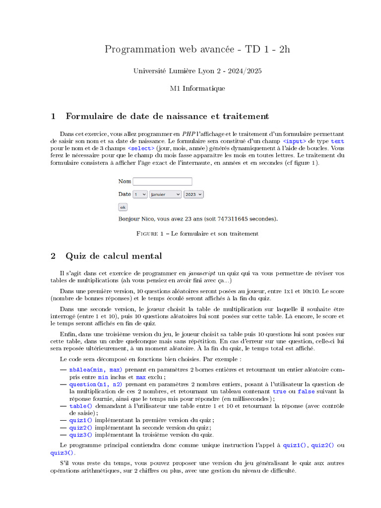 Programmation Web Avancée - TD 1 - 2h: 1 Formulaire de Date de Naissance Et Traitement | PDF