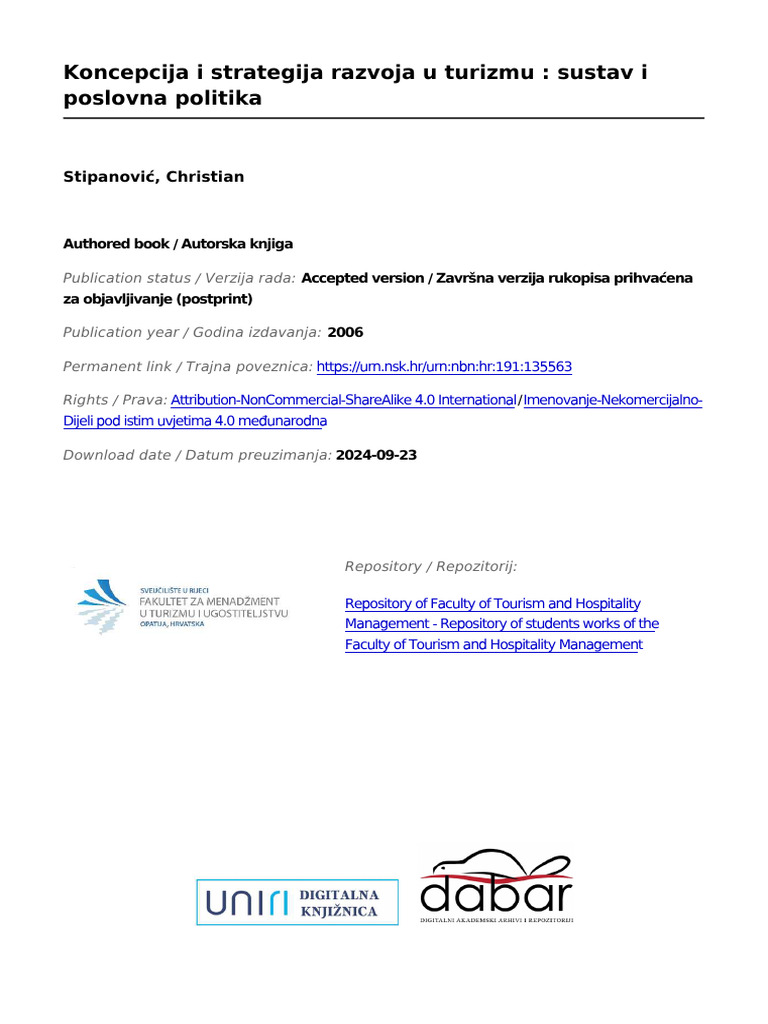 Koncepcija I Strategija Razvoja U Turizmu | PDF