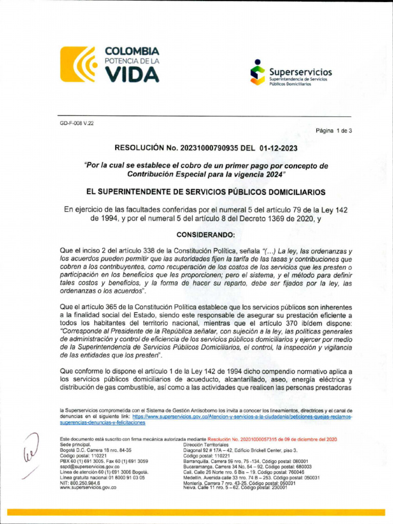 Resolucion-SSPD-20231000790935-pago Contribucion 2024 | PDF